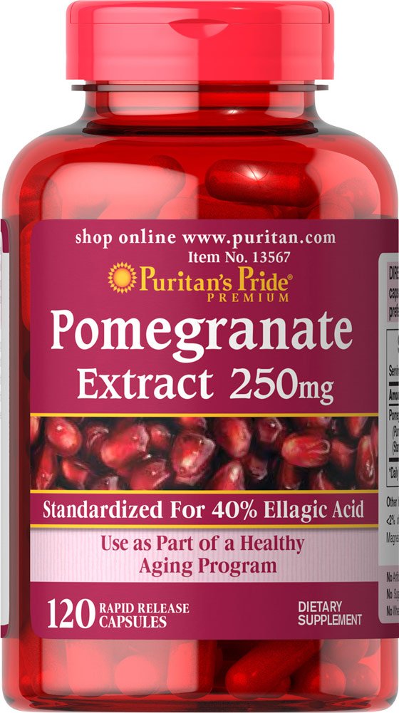 Puritan's Pride Premium Pomegranate Extract 250mg, Dietary Supplement for Antioxidant Health and Healthy Aging Program, 40% Ellagic Acid,120 Rapid Release Capsules (Packaging May Vary)