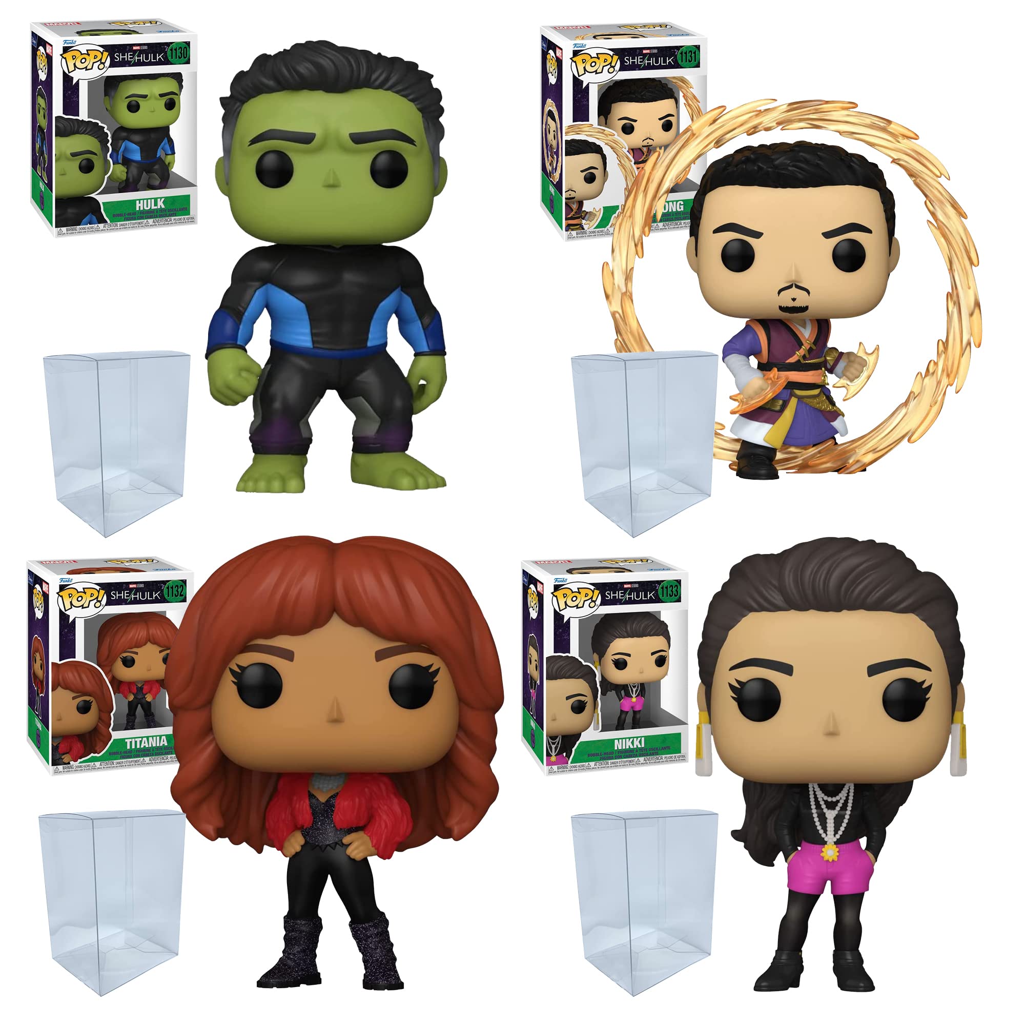 She-Hulk Funko Pop Set of 4 with Protector Bundle - Includes Hulk #1130, Wong #1131, Titania #1132 and Nikki #1133 Vinyl Figures with 4 Blue Salamander Emporium Plastic Protector Cases