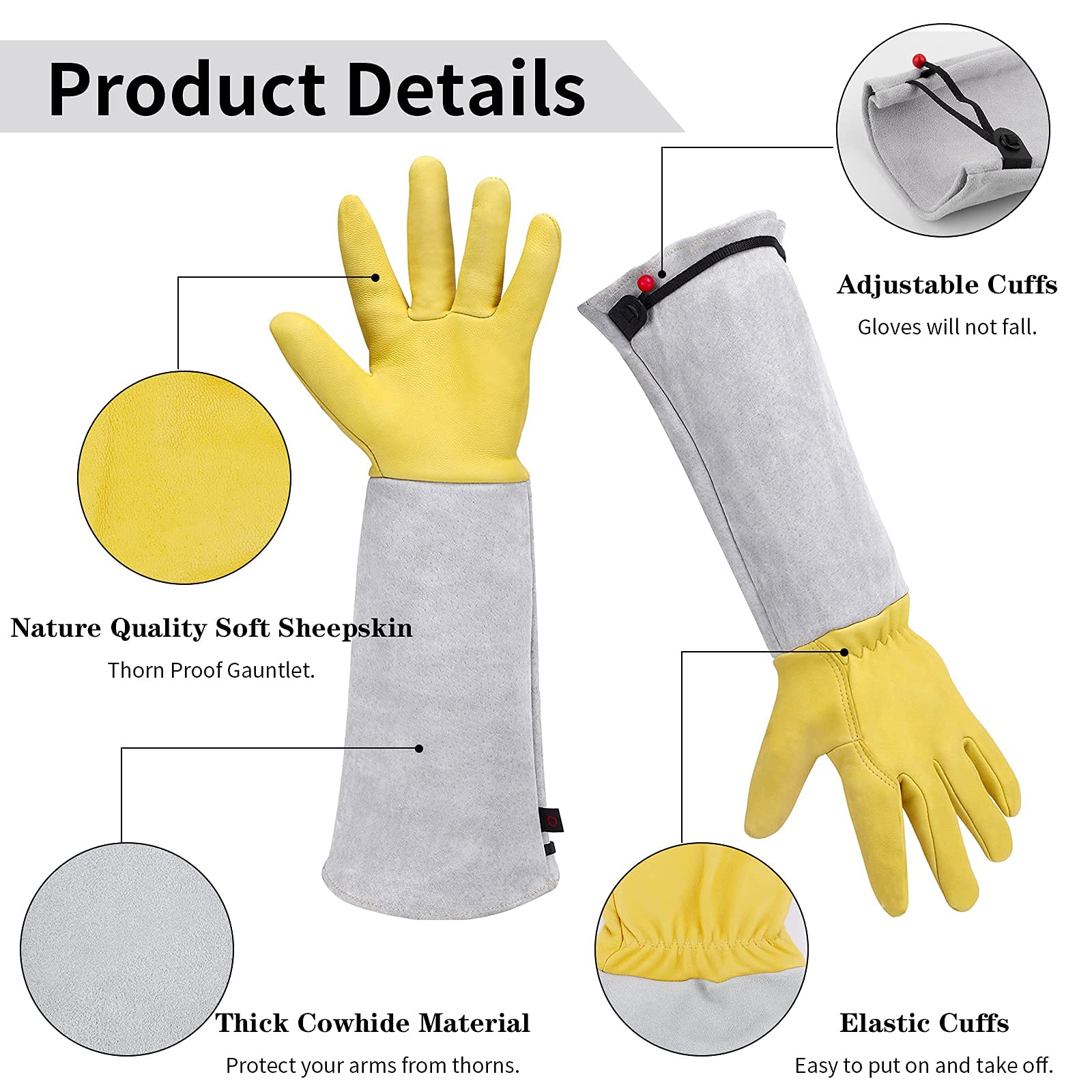 Supersfel Gardening Gloves for Women/Men, Rose Pruning Thorn-Proof Gloves, with Adjustable Cuff and Durable Goatskin Leather, Comfy Breathable Long Sleeve Work Garden Gauntlet Gloves for Yard Work(L)