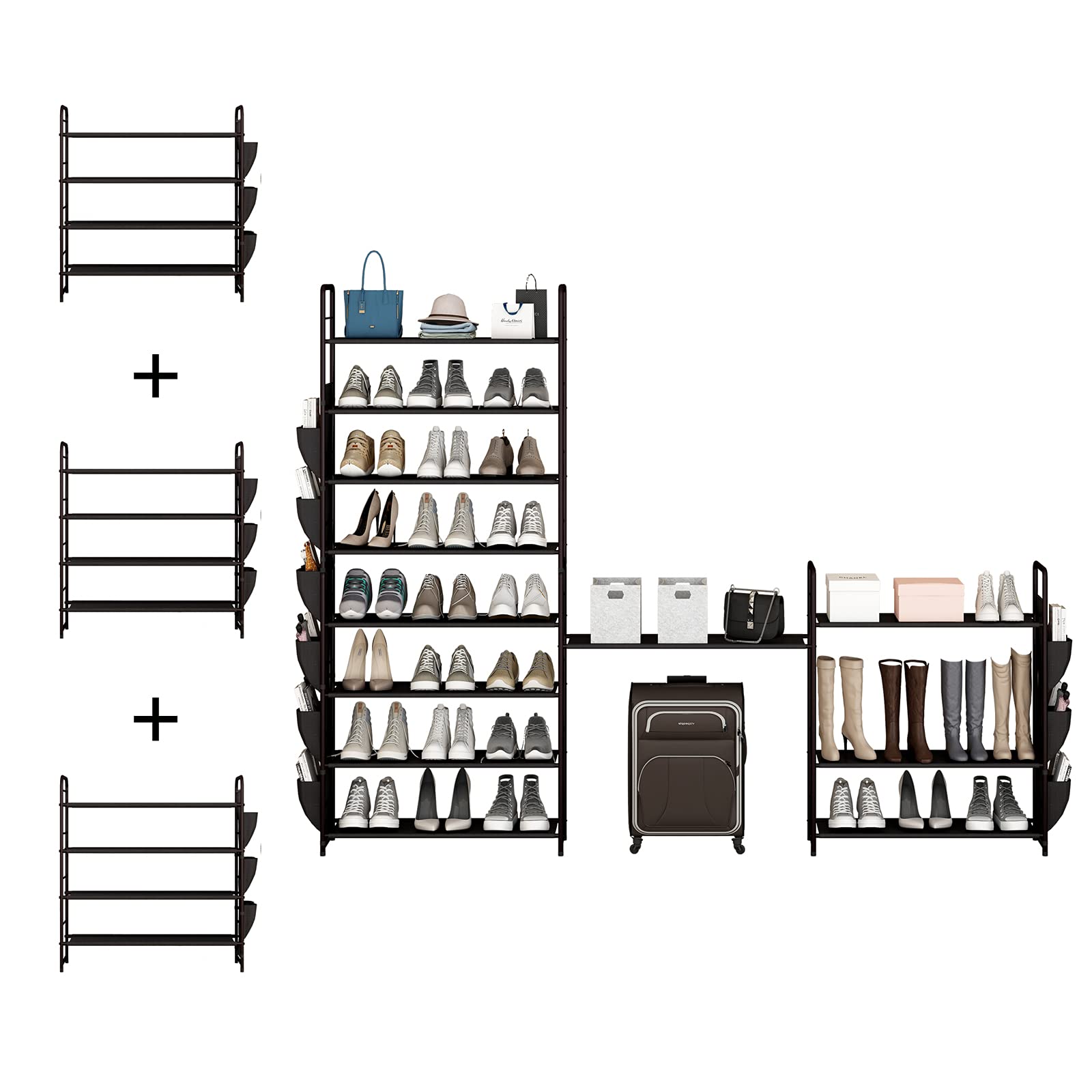 SUOERNUO Shoe Rack Storage Organizer 4 Tier Free Standing Metal Shoe Shelf Compact Shoe Organizer with Side Bag for Entryway Closet Bedroom,Bronze