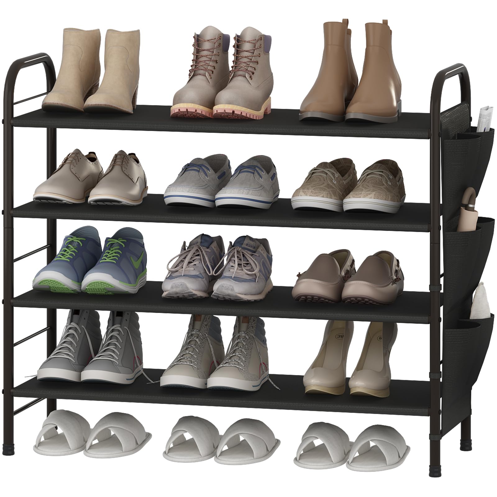 SUOERNUO Shoe Rack Storage Organizer 4 Tier Free Standing Metal Shoe Shelf Compact Shoe Organizer with Side Bag for Entryway Closet Bedroom,Bronze