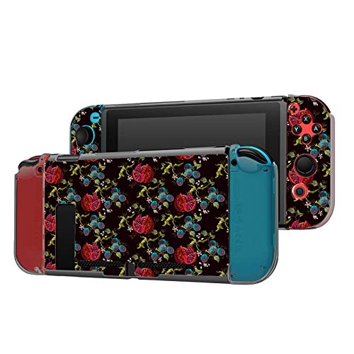 Dockable Case Compatible with Switch Console and Joy-Con Controller, Patterned ( Embroidery Red Pomegranate and Cherry Blossom ) Protective Case Cover with Tempered Glass Screen
