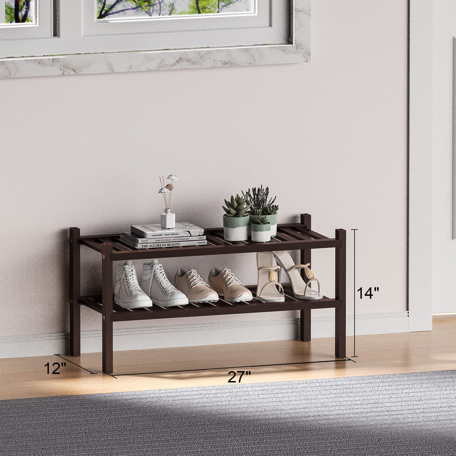 ROMGUAR CRAFT 2 Tier (Thick) Bamboo Shoe Rack for Closet Free Standing Wood Shoe Shelf for Entryway Small Space Stackable 27"x12"x14" (Black Brown)