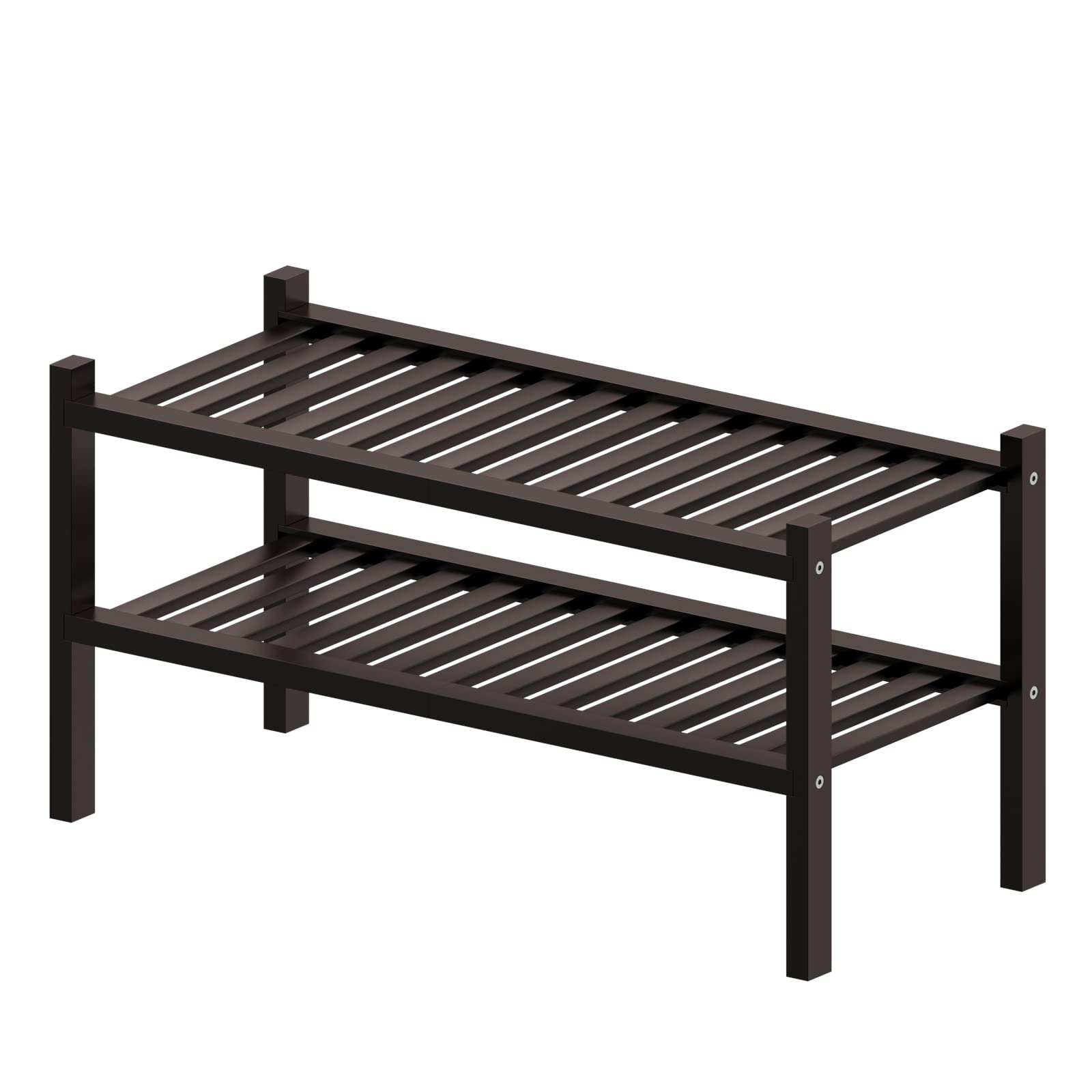 ROMGUAR CRAFT 2 Tier (Thick) Bamboo Shoe Rack for Closet Free Standing Wood Shoe Shelf for Entryway Small Space Stackable 27"x12"x14" (Black Brown)