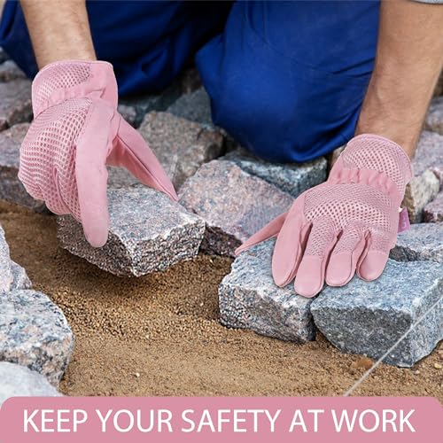 HLDD HANDLANDY Women Gardening Gloves with Grip, Leather Work Gloves Women, 3D Mesh Breathable Rose Garden Gloves (Medium, Pink)