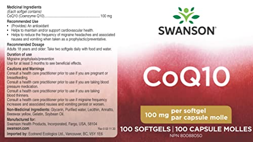 Swanson CoQ10 - Energy Antioxidant Support - Coenzyme Q10 Supplement - (100 Softgels, 100mg Each)