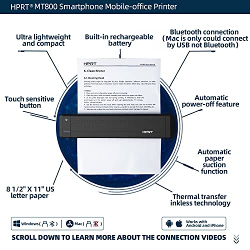 HPRT Wireless Bluetooth Portable Printer+Case+Ribbon 3 in 1 by Thermal Transfer MT800 for Travel Printer Compatible with Android and iOS Phone, Support 8.5" X 11" US Letter & A4 Size Paper