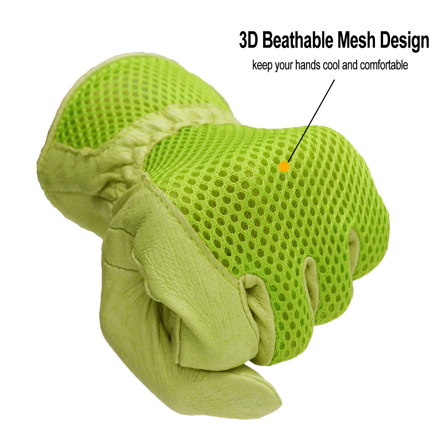 HANDLANDY Leather Gardening Gloves for Women, 3D Mesh Comfort Fit- Improves Dexterity and Breathability, Pigskin Scratch Resistance Garden Yard Working Gloves (Medium, Green)