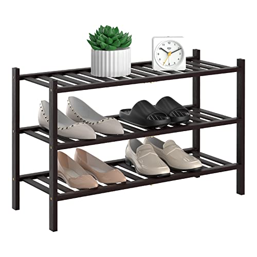 RONGJIA 3 Tier Bamboo Shoe Rack for Closet Free Standing Wood Shoe Shelf Storage Organizer for Entryway Small Space Stackable, Brown