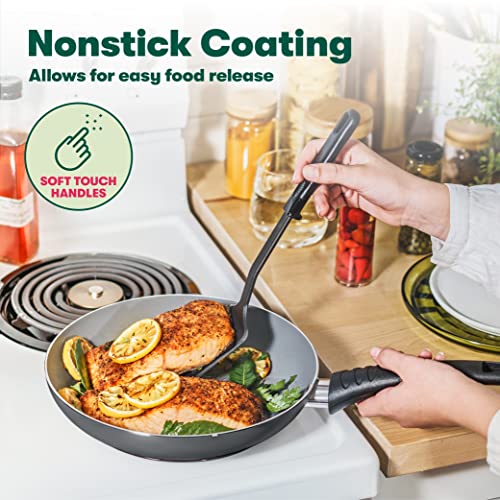 BELLA 21 Piece Cook Bake and Store Set, Kitchen Essentials for First or New Apartment, Assorted Non Stick Cookware, 9 Nylon Hassle-Free Cooking Tools, 5 Glass Storage Bowls w Lids, BPA & PFOA Free