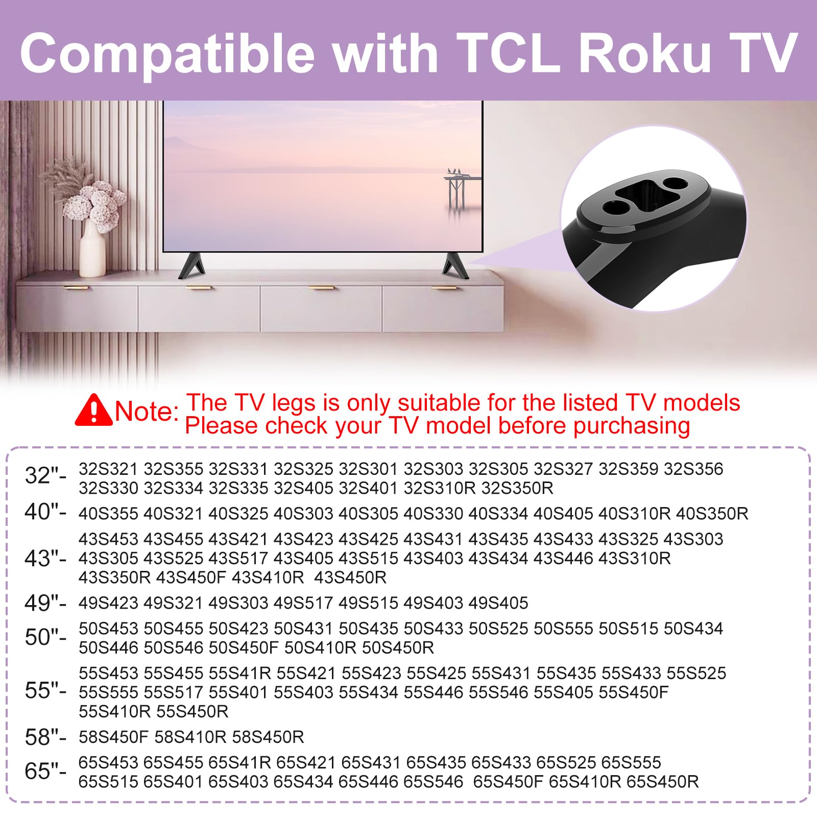 (Upgraded Version) TV Stand Base for TCL Roku TV Legs, Replacement for TCL 32" 40" 43" 49" 50" 55" 65" 32S359 32S355 40S355 43S455 50S525 55S435 65S455 Roku TV Legs Replacement for TCL TV with Screws
