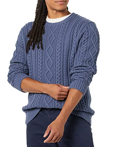 Amazon Essentials Men's Long-Sleeve 100% Cotton Fisherman Cable Crewneck Sweater, Dark Blue, Large