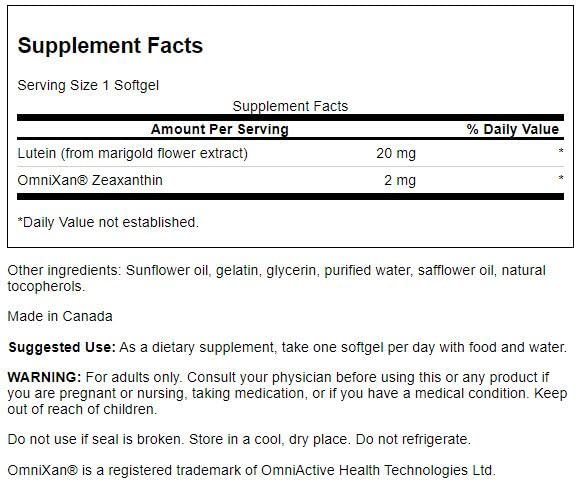 Swanson Lutein & Zeaxanthin Synergistic Eye Health Vision Retina Macula Supplement (Lutein 20 mg & OmniXan Zeaxanthin 2 mg) 60 Softgels Sgels