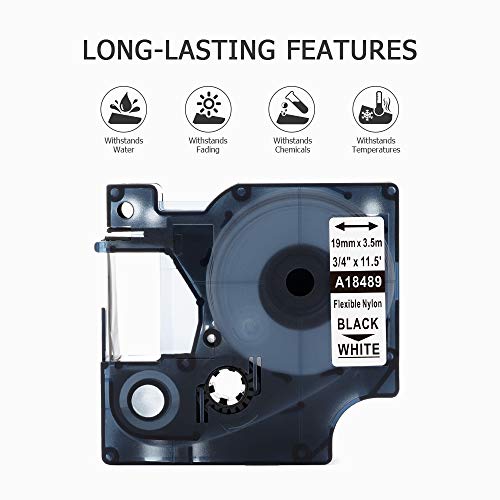 Oozmas Replacement for 18489 Dymo Rhino 3/4" White Flexible Nylon Tape Compatible with DYMO Rhino 5200 4200 5000 6000 Industrial Label Maker Refills a18489, Black on White, 3-Pack