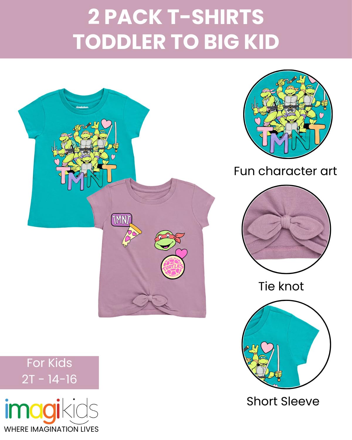 Teenage Mutant Ninja Turtles Leonardo Michelangelo Raphael Little Girls 2 Pack T-Shirts Purple/Blue 6