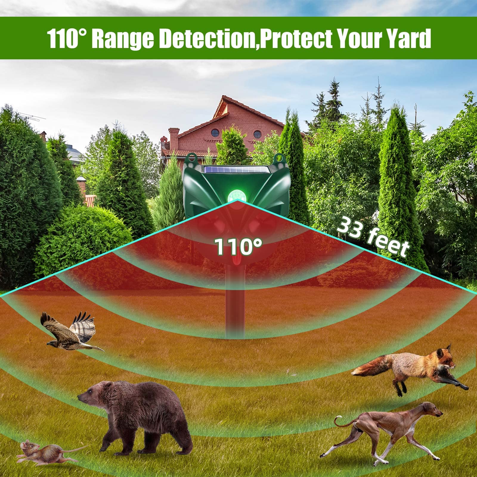 2 Pcs Solar Ultrasonic Animal Repeller Outdoor Solar Animal Repellent with Motion Detector&Flashing Lights Waterproof for Rat, Squirrel, Deer, Raccoon, Skunk, Rabbit, Mole, Dog, Cat(Green)