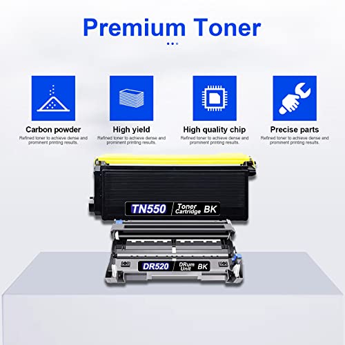 ALUMUINK 2 Pack DR520 TN550 High Yield Compatible Drum Unit & Toner Cartridge Replacement for Brother HL-5250DN/DNT 5270DN 5280DW 5350DN/DNLT 5370DW/DWT Drum Unit Printer (1 Toner, 1 Drum)