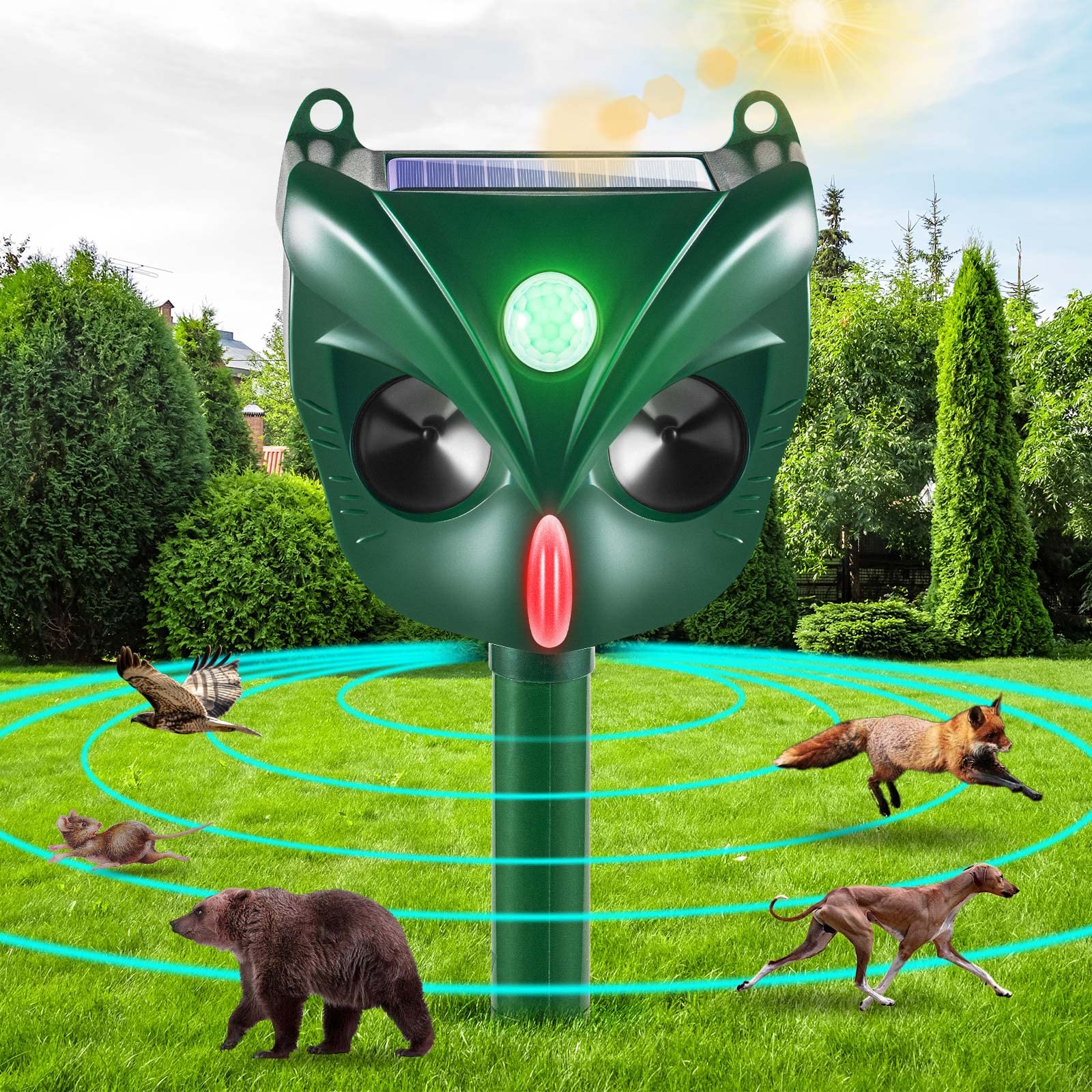 2 Pcs Solar Ultrasonic Animal Repeller Outdoor Solar Animal Repellent with Motion Detector&Flashing Lights Waterproof for Rat, Squirrel, Deer, Raccoon, Skunk, Rabbit, Mole, Dog, Cat(Green)