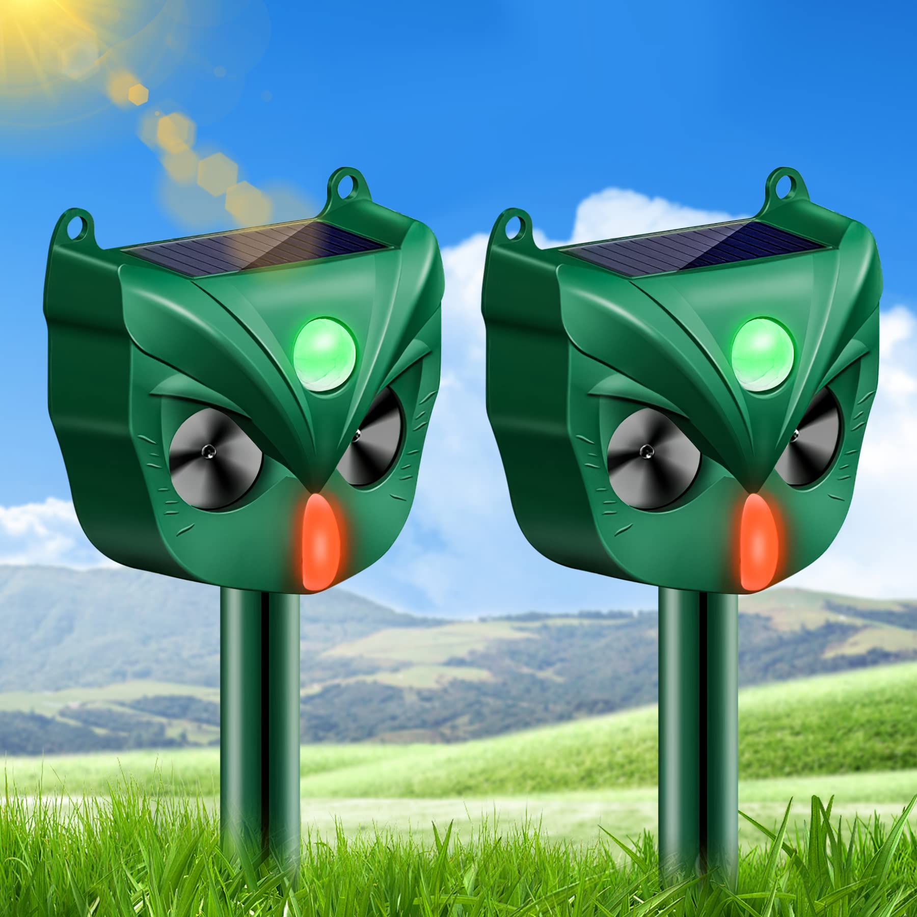 2 Pcs Solar Ultrasonic Animal Repeller Outdoor Solar Animal Repellent with Motion Detector&Flashing Lights Waterproof for Rat, Squirrel, Deer, Raccoon, Skunk, Rabbit, Mole, Dog, Cat(Green)