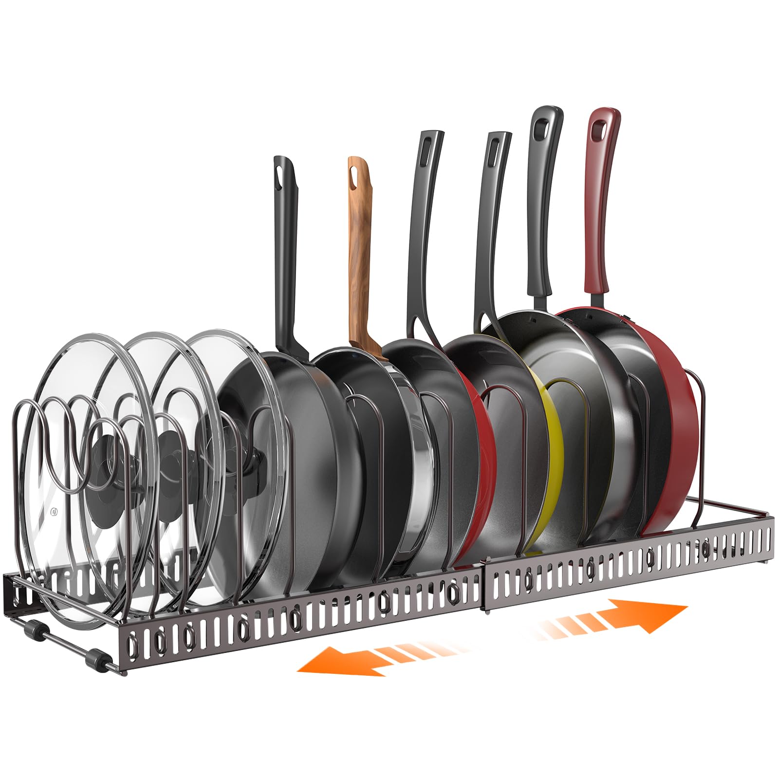 Puricon Expandable Pot and Pan Organizer for Cabinet with 10 Dividers, Adjustable Pots and Pans Organizer Rack Pan Lid Cookware Bakeware Baking Storage Holder for Kitchen Countertop Pantry -Bronze