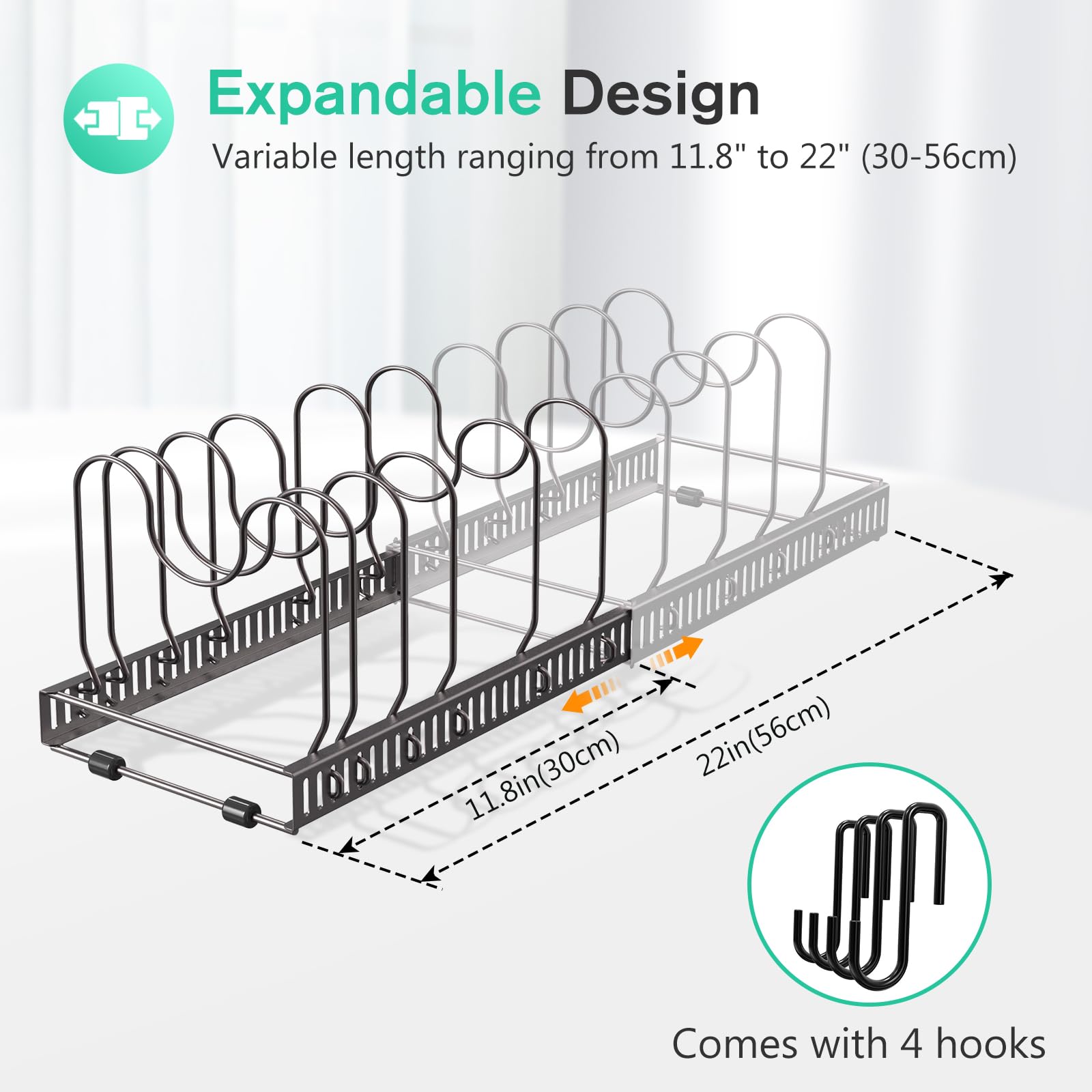 Puricon Expandable Pot and Pan Organizer for Cabinet with 10 Dividers, Adjustable Pots and Pans Organizer Rack Pan Lid Cookware Bakeware Baking Storage Holder for Kitchen Countertop Pantry -Bronze