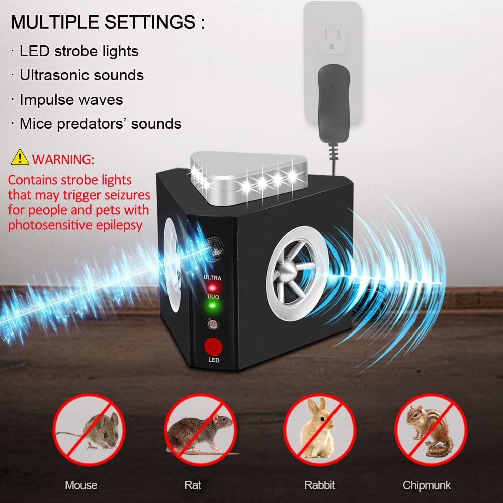 Angveirt Plug-in Rodent Reducer Repellent Ultra Sonic Mouse Electronic Repellers Mice Repelling Device Rat Pest Deterrent with 12 Strobe Lights for RV Garage Indoor
