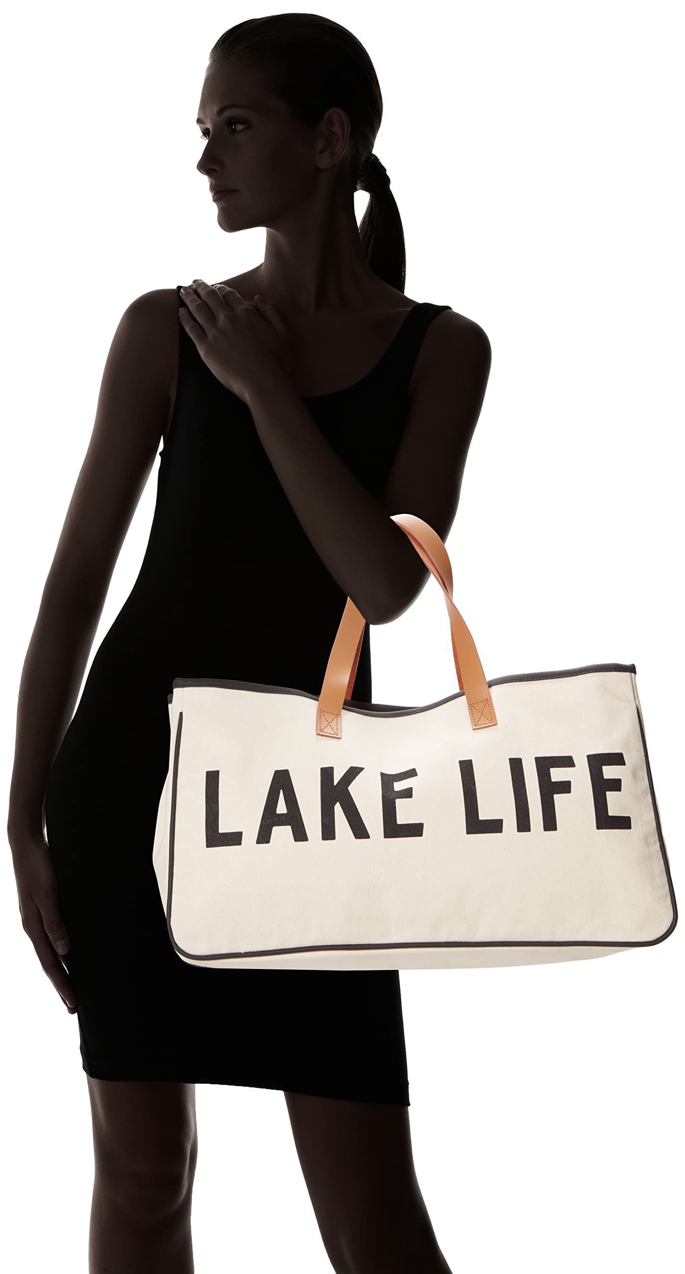 Santa Barbara Design Studio Tote Bag Hold Everything Collection Black and White 100% Cotton Canvas with Genuine Leather Handles, Large, Lake Life