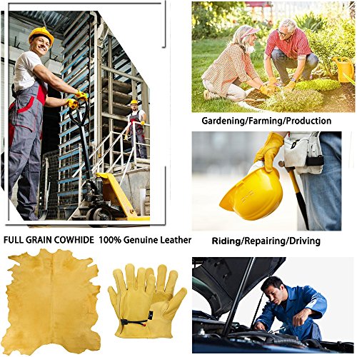 OLSON DEEPAK Outdoor Working Glove for Women and Men,Cowhide Leather Work Gloves for Gardening/Welding/Yard Work/Driving (Yellow, Large(pack of 1))
