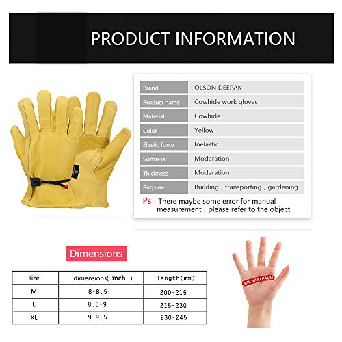 OLSON DEEPAK Outdoor Working Glove for Women and Men,Cowhide Leather Work Gloves for Gardening/Welding/Yard Work/Driving (Yellow, Large(pack of 1))