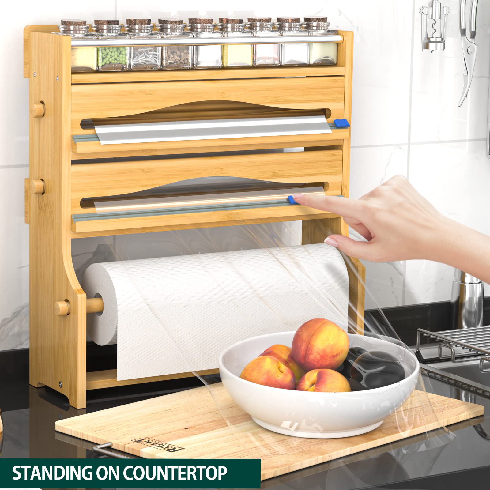 Foil Plastic Wrap Organizer Dispenser - Wall Mounted Paper Towel Holder & Spice Shelf, 4 in 1 Bamboo Kitchen 12" Roll Dispenser with Cutter