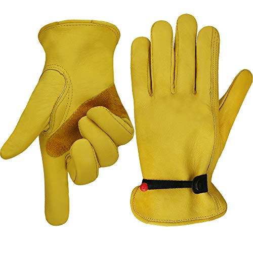 OLSON DEEPAK Outdoor Working Glove for Women and Men,Cowhide Leather Work Gloves for Gardening/Welding/Yard Work/Driving (Yellow, Large(pack of 1))