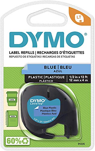 Dymo 91335 LetraTag Labeling Tape, for LetraTag Label Makers, Black Print on Blue Plastic Tape, 1/2" W x 13' L