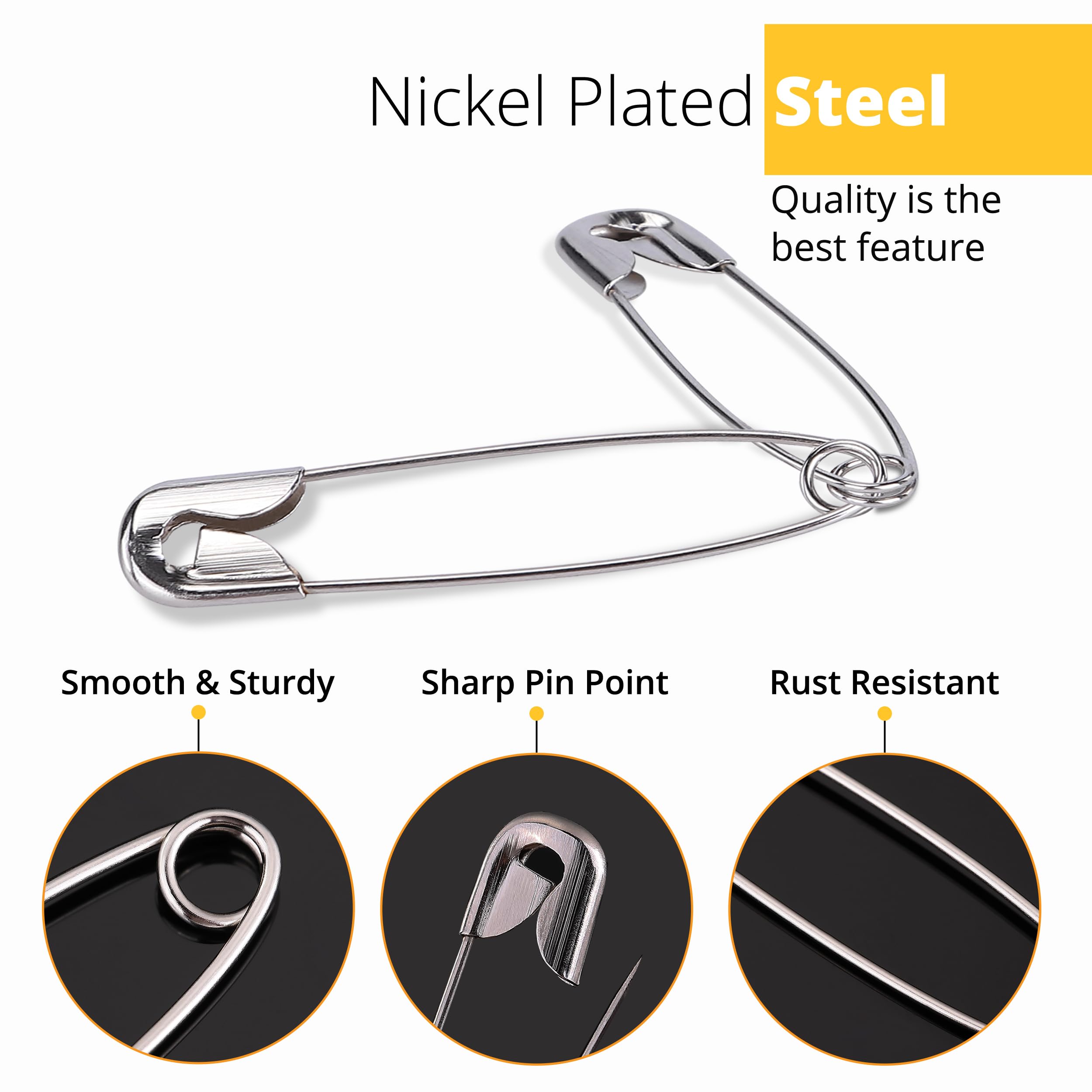 Wenrook Safety Pins Assorted 4-Size Pack of 150 - Strong Nickel Plated Steel, Rust Resistant, Heavy Duty Variety Pack, Perfect for Clothes, Crafts, Sewing, Pinning and More