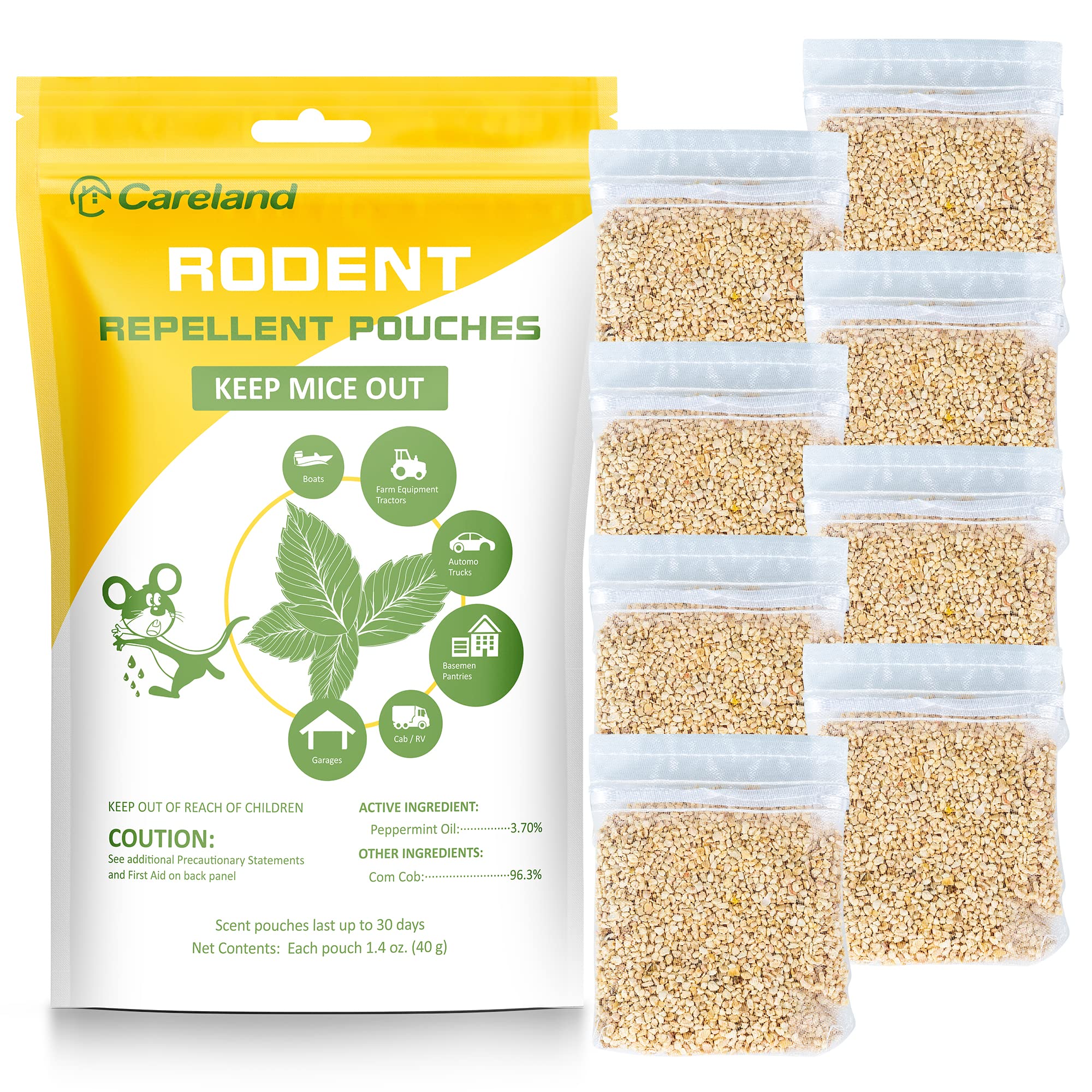 Careland Rodent Repellent Pouches Mouse Repellent, Natural Pest Repeller for Indoor, Peppermint Oil to Repel Rodents, Mice, Rats & Other Pests - 8 Pouches
