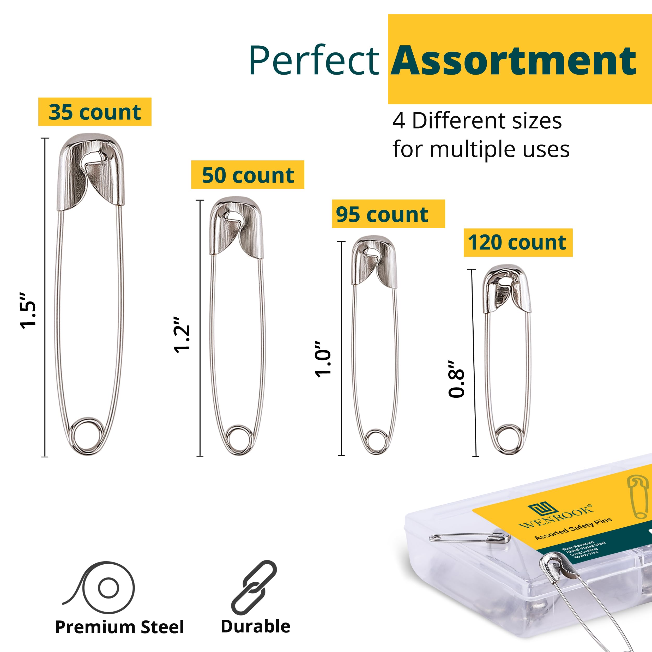Wenrook Safety Pins Assorted 4-Size Pack of 150 - Strong Nickel Plated Steel, Rust Resistant, Heavy Duty Variety Pack, Perfect for Clothes, Crafts, Sewing, Pinning and More