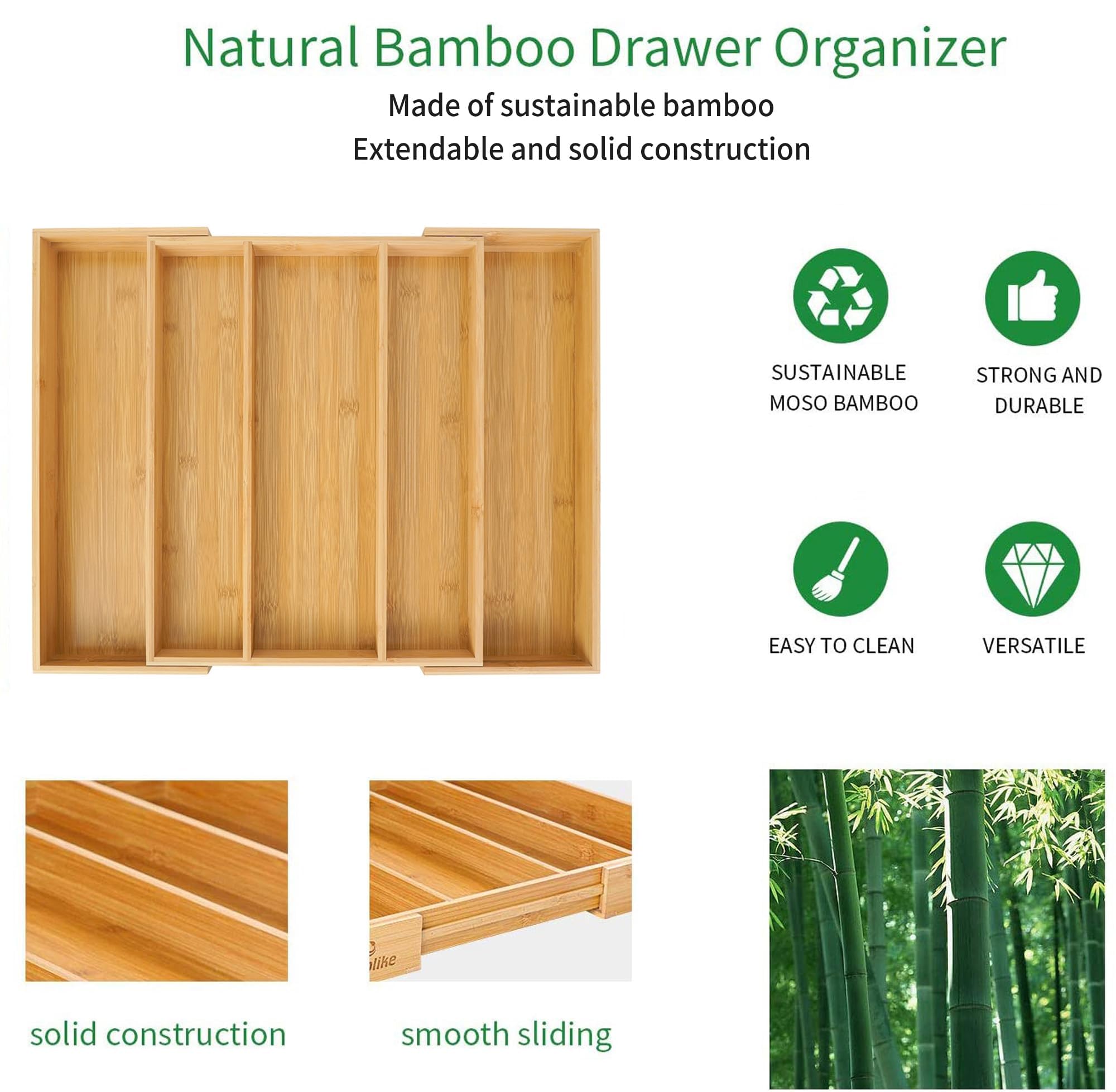 Utoplike Bamboo Expandable Kitchen Drawer Organizer, Adjustable Utensil Holder and Cutlery Tray Organiser, Drawer Divider for Silverware, Flatware, Knives in Kitchen, Bedroom, Living Room