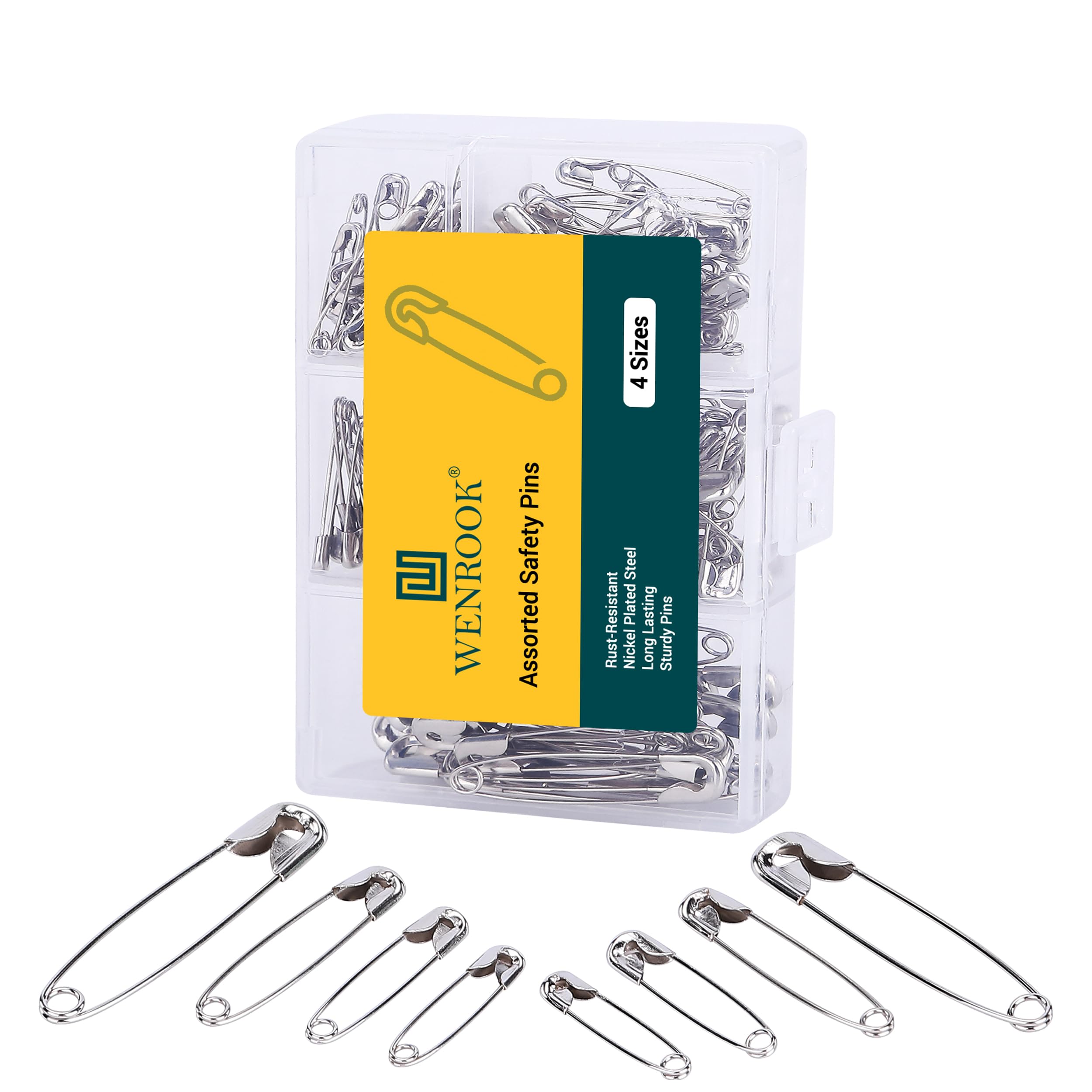 Wenrook Safety Pins Assorted 4-Size Pack of 150 - Strong Nickel Plated Steel, Rust Resistant, Heavy Duty Variety Pack, Perfect for Clothes, Crafts, Sewing, Pinning and More