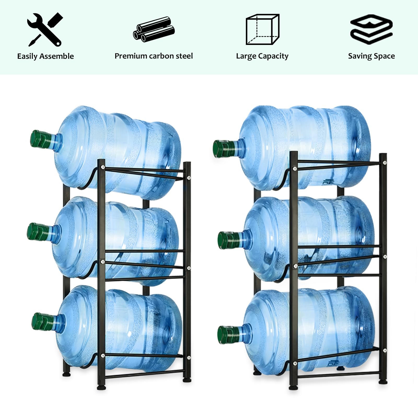 5 Gallon Water Bottle Holder 3 Tier Water Cooler Jug Rack Shelf Organizer Detachable Heavy Duty Kitchen Water Bottle Storage Rack for Home, Office, Black
