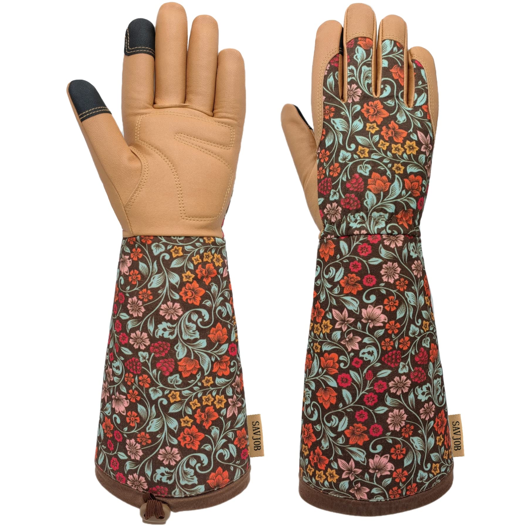 SAVJOB Gardening Gloves for Men&Women,Goatskin Leather Thorn Proof Garden Gloves with Touchscreen,Work Gloves,Gardening Gifts,Brown,Large