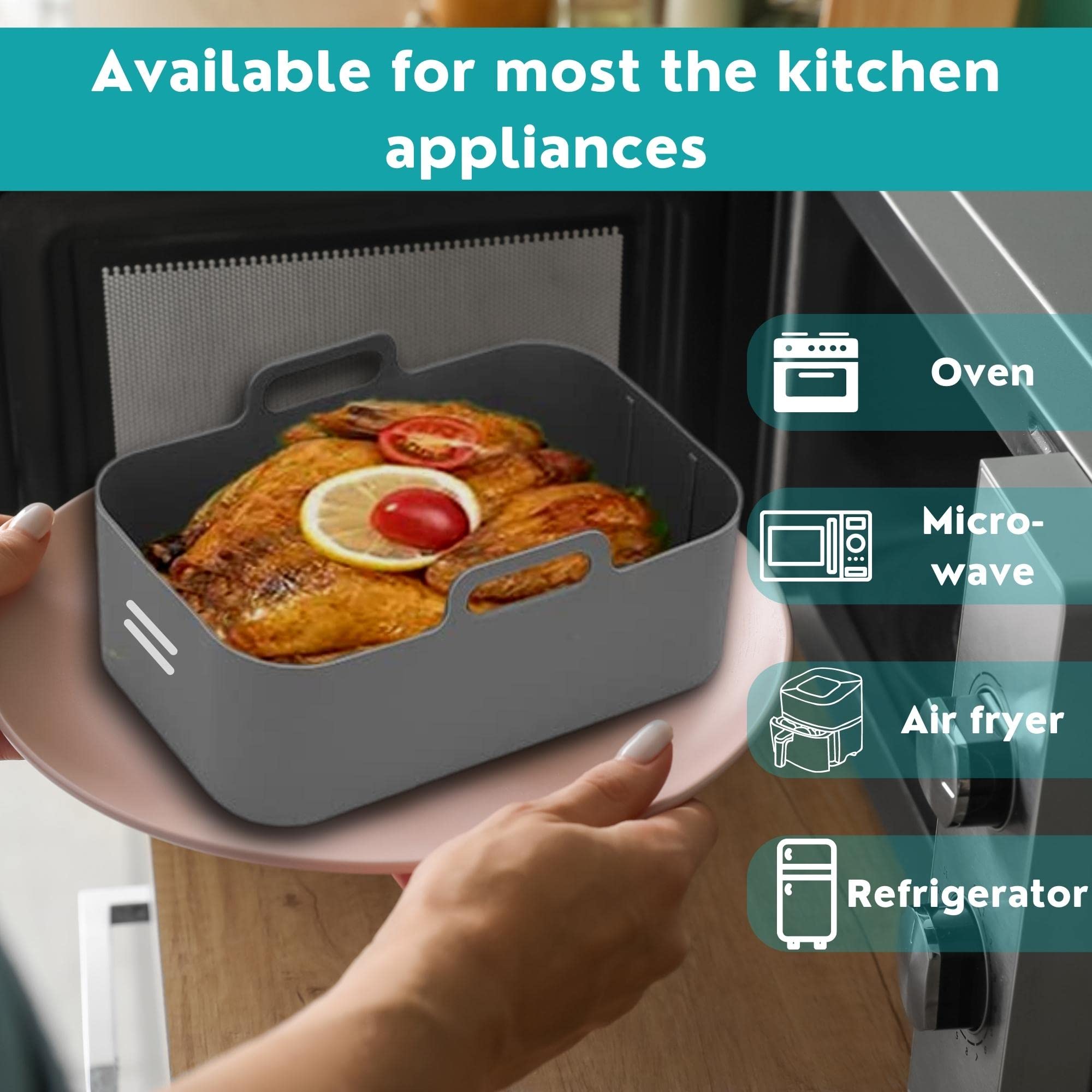 Air Fryer Silicone Pot Rectangular for Ninja Foodi Dual DZ201/DZ401 10QT, Reusable Silicone Airfryer Liner Replacement Baking Tray Basket | Non-stick | Easy Cleaning | Food Safe | Gray / 2Pcs