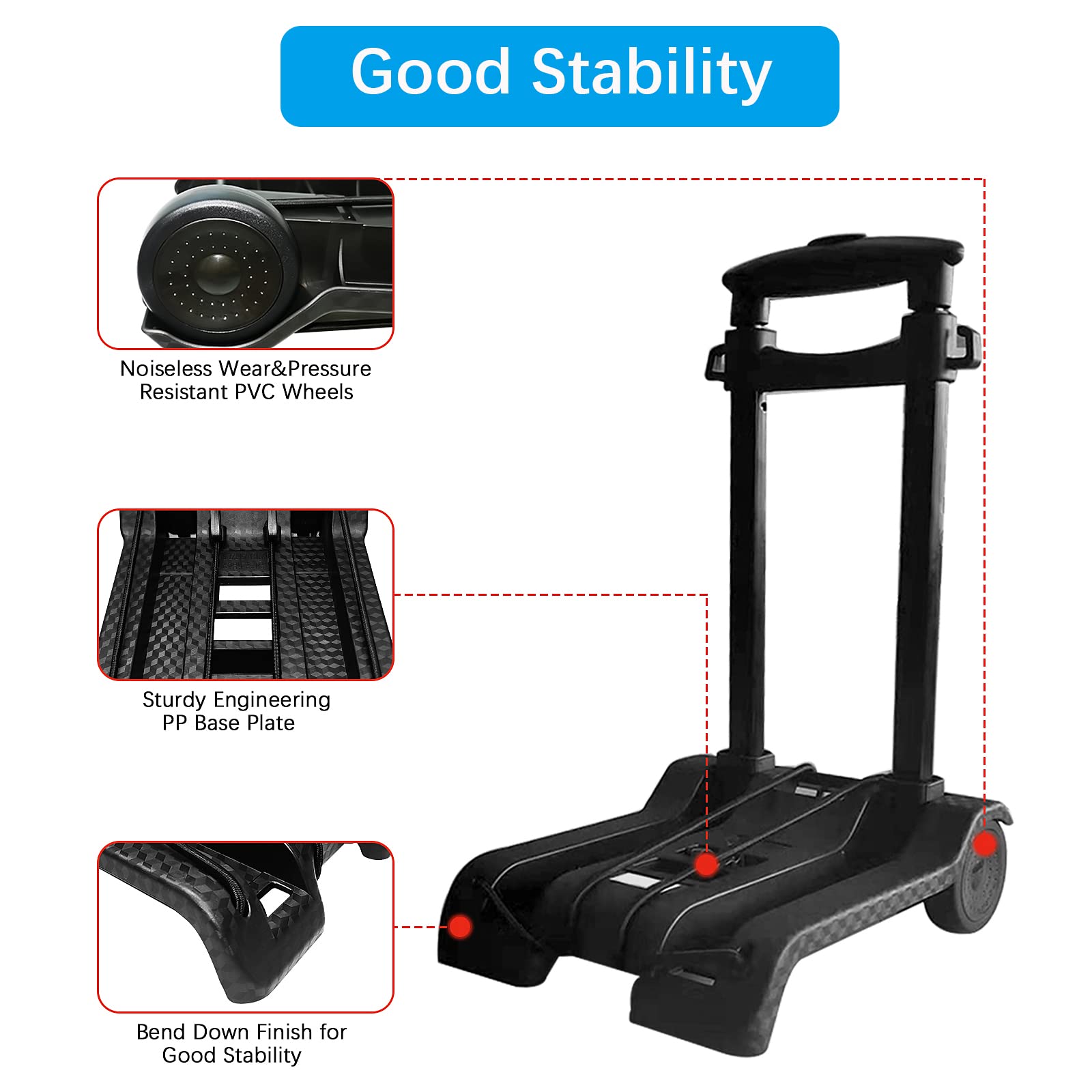 Folding Hand Truck Trolley 80Kg/176Lbs Heavy Duty Luggage Utility Cart with Rotate 4 Wheels Warning Sign Telescoping Handle Portable Fold Up Dolly Bungee Cord for Moving Shopping Travel(Black Pro)