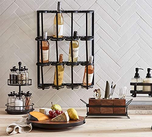 Wooden Cutlery holder Wrought Iron Spoons Stand For Dining Table, multipurpose Holder with 3 Wooden Jar(Black & Brown), 25.4x7.6x10.2 Centimeters