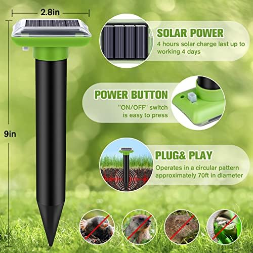4Pcs Mole Repellent,Solar Ultrasonic Pest Repeller Stakes,Outdoor Animal Gopher Deterrent Spikes for Groundhog, Moles,Vole,Snakes, Waterproof Rodent Chaser Stakes Snake Repeller for Lawn Garden Yard