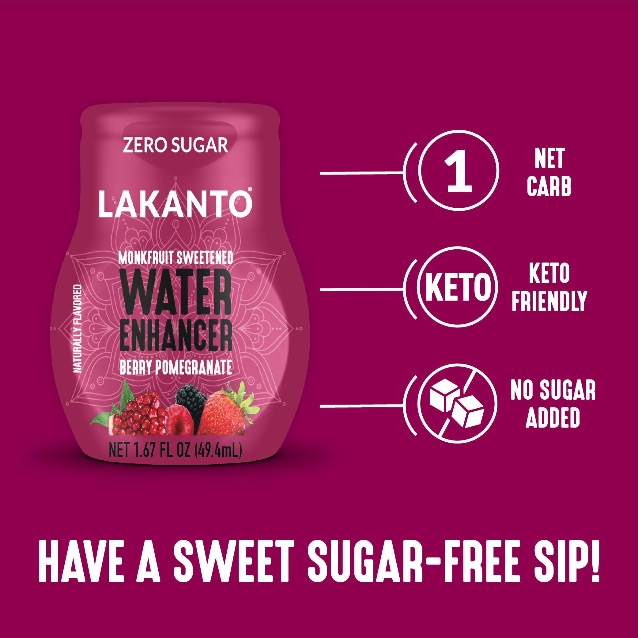 Lakanto Sugar Free Water Enhancer - Sweetened with Monk Fruit Sweetener and Erythritol, On the Go Liquid H2O Hydration, Zero Sugar, Naturally Flavored - Berry Pomegranate (1.67 fl oz - Pack of 6)