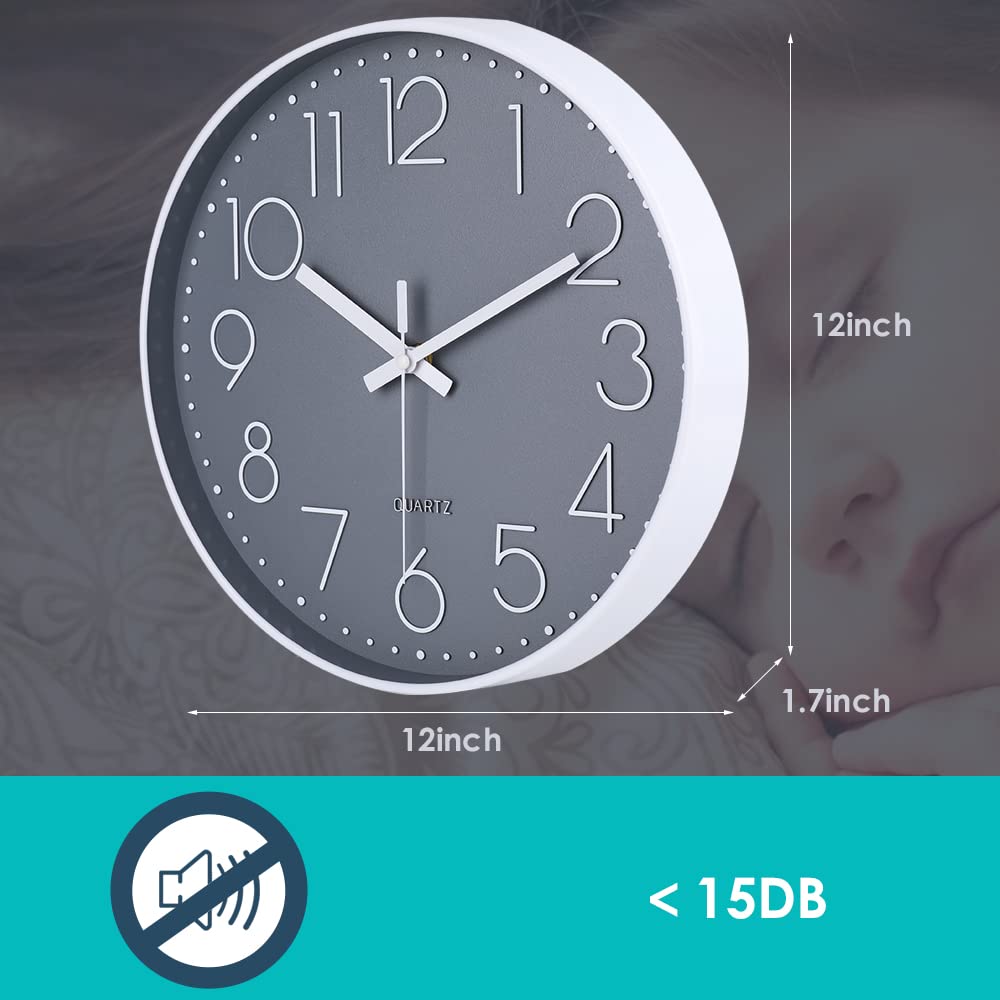 jomparis 12 Inch Non-Ticking Wall Clock Silent Battery Operated Round Wall Clock Modern Simple Style Decor Clock for Home/Office/School/Kitchen/Bedroom/Living Room (Gray)