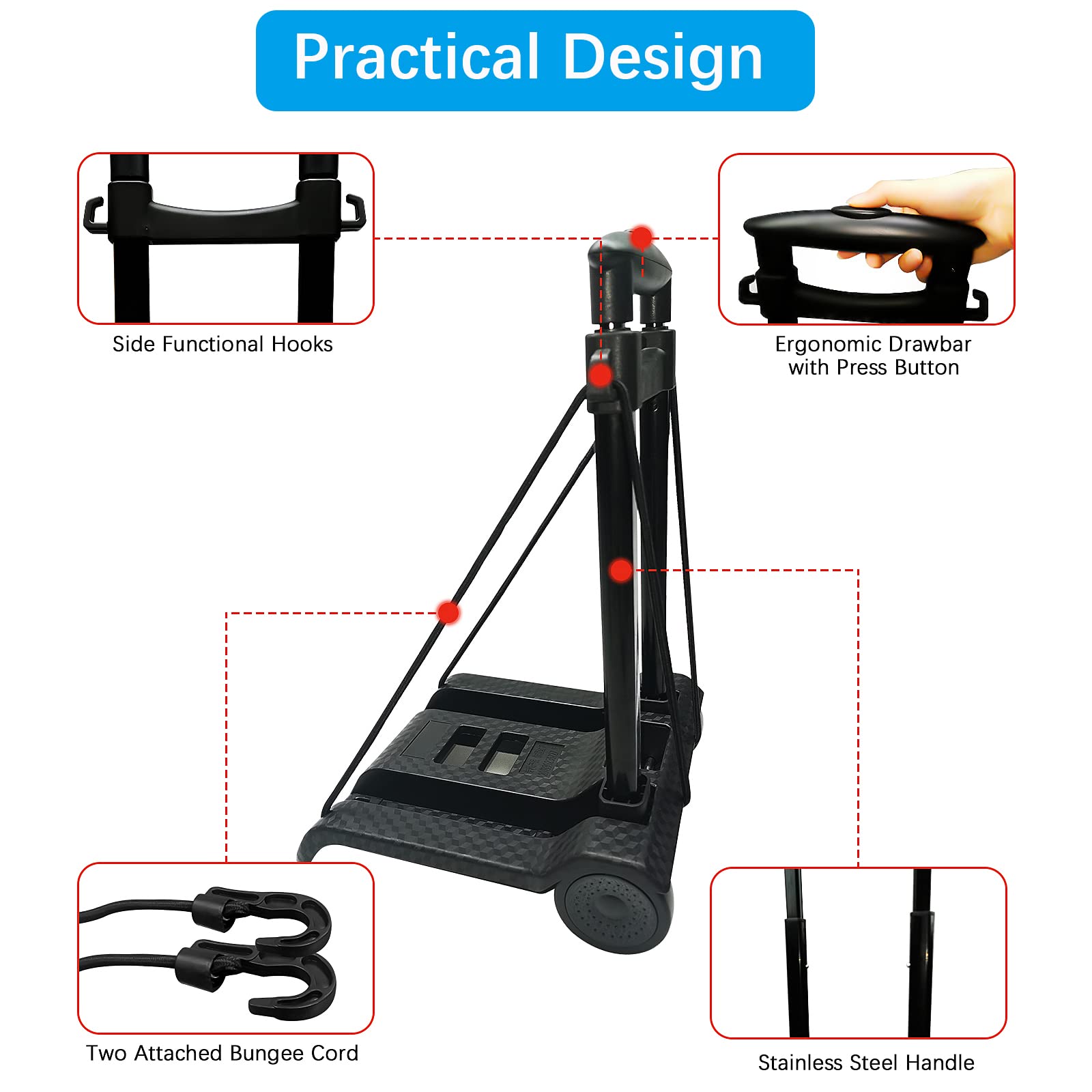 Folding Hand Truck Trolley 80Kg/176Lbs Heavy Duty Luggage Utility Cart with Rotate 4 Wheels Warning Sign Telescoping Handle Portable Fold Up Dolly Bungee Cord for Moving Shopping Travel(Black Pro)