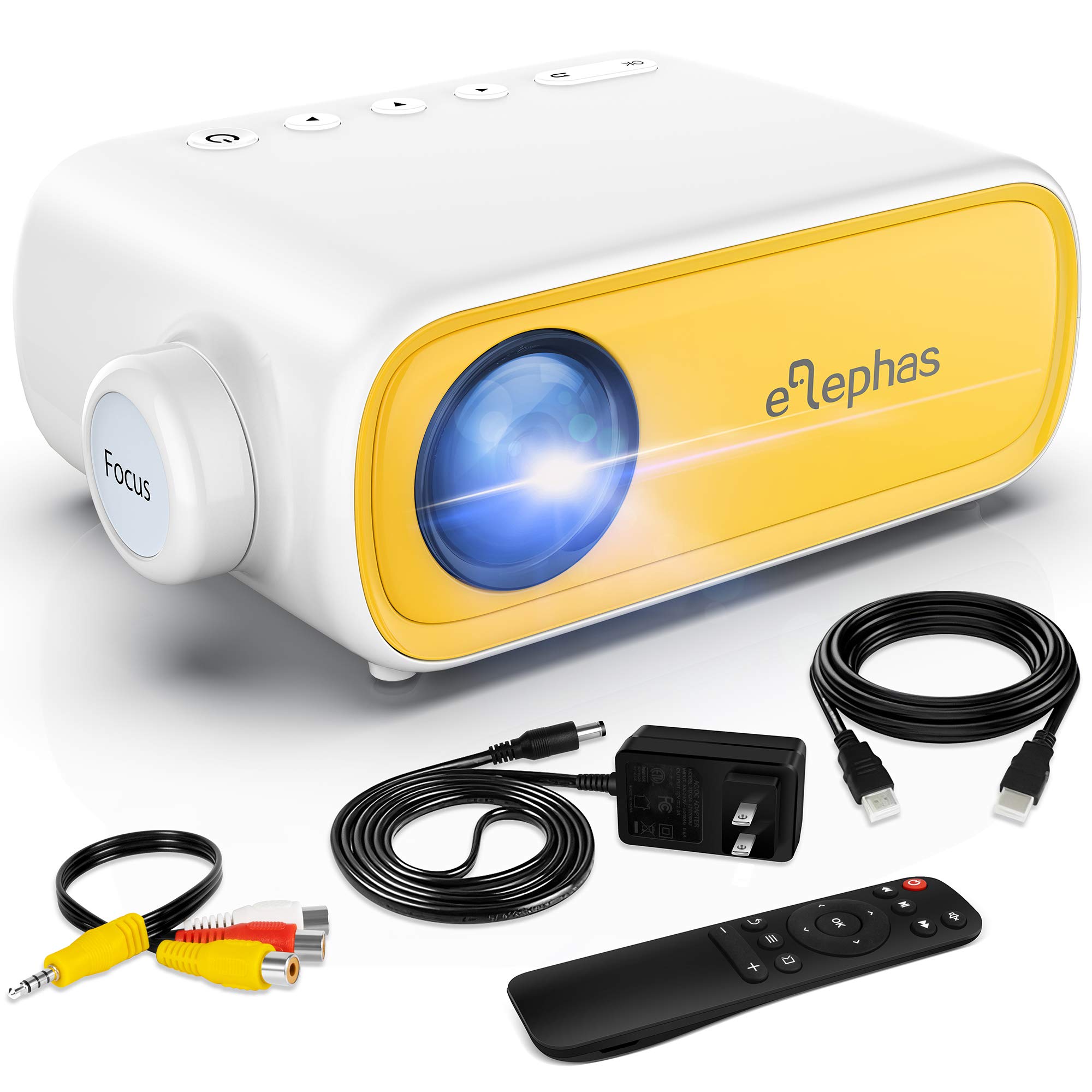 Mini Projector, ELEPHAS Portable Projector for iPhone 1080P Supported, Video Smart Led Pocket Small Home Phone Projector for Bedroom with Laptop HDMI USB TV AV Interfaces and Remote to Watch Cartoon