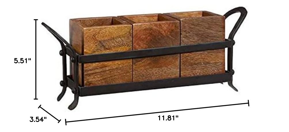 Wooden Cutlery holder Wrought Iron Spoons Stand For Dining Table, multipurpose Holder with 3 Wooden Jar(Black & Brown), 25.4x7.6x10.2 Centimeters