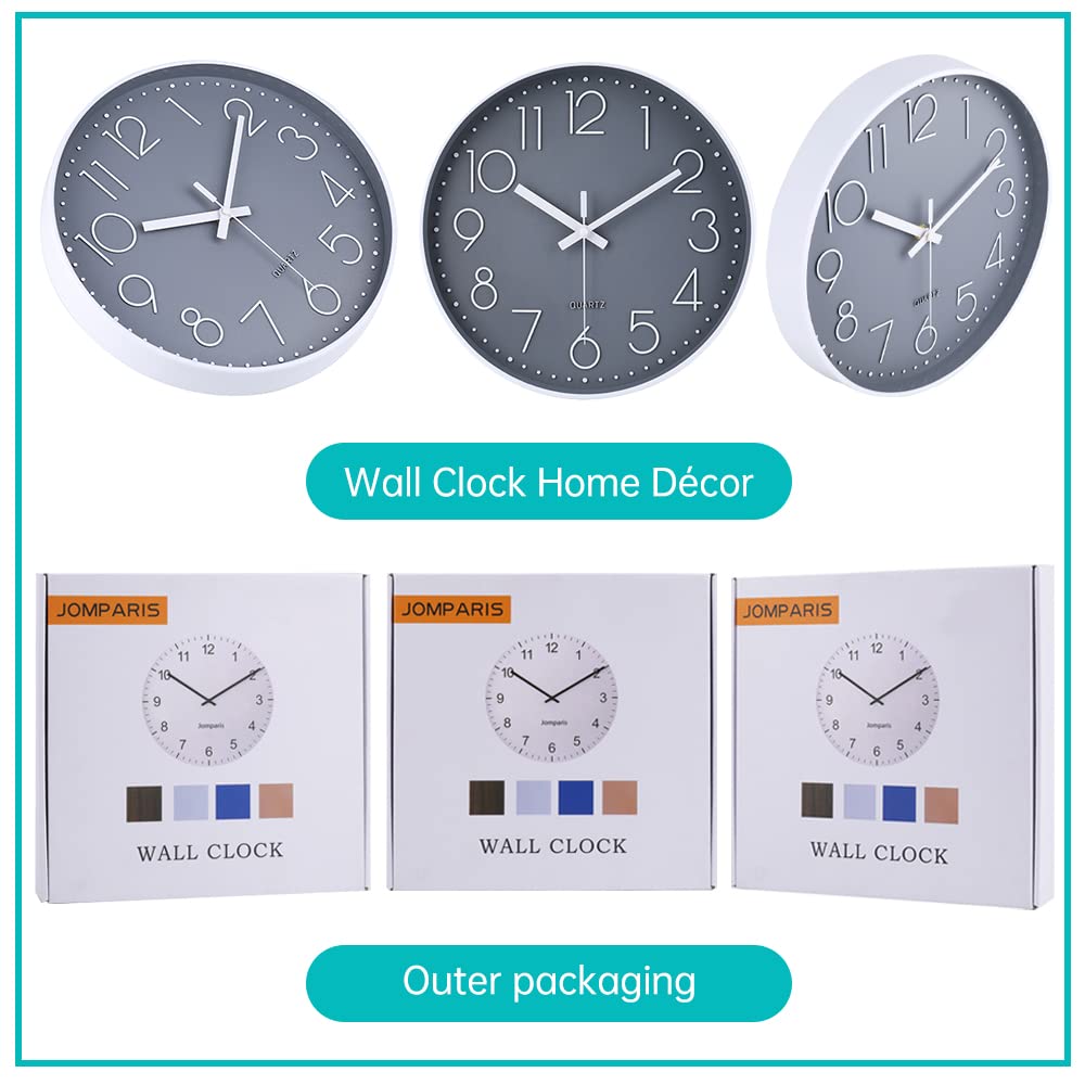 jomparis 12 Inch Non-Ticking Wall Clock Silent Battery Operated Round Wall Clock Modern Simple Style Decor Clock for Home/Office/School/Kitchen/Bedroom/Living Room (Gray)