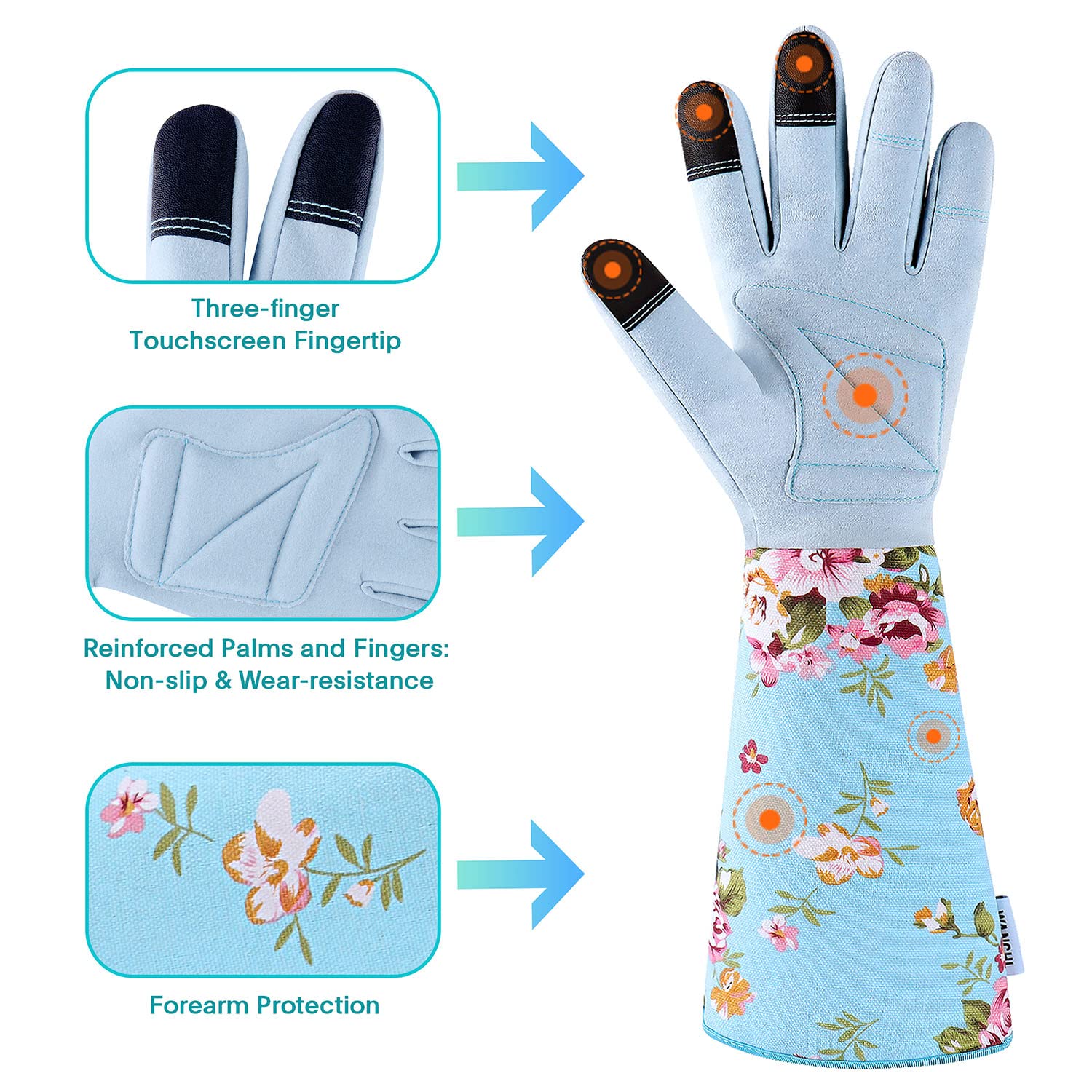 WANCHI Long Sleeve Garden Gloves Medium + Cowhide Leather Thorn Proof Gardening Gloves Large